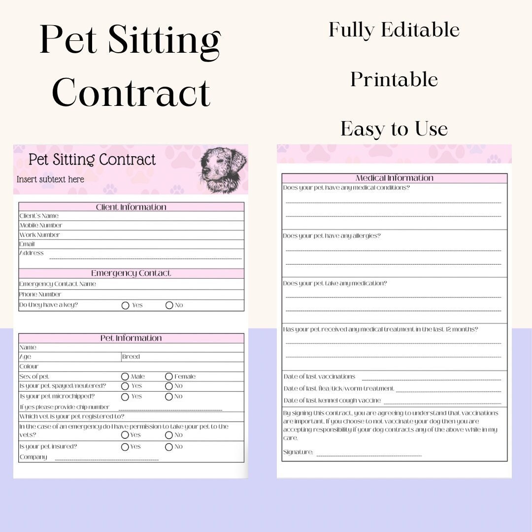 Pet Sitting Contract Pet Sitter New Customer Form Pet Care Business ...