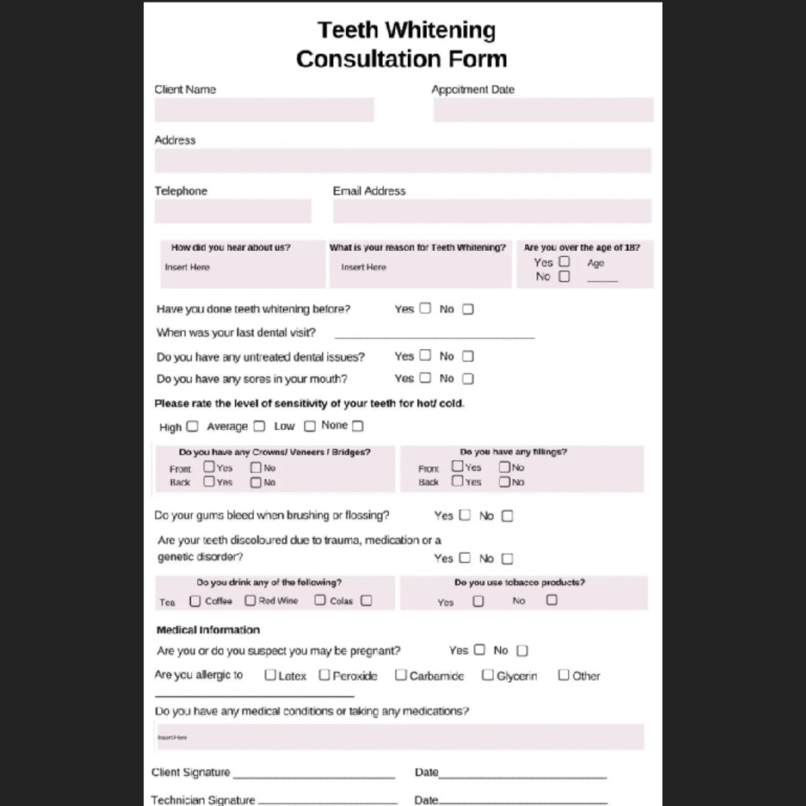 Teeth Whitening Consultation Form, Tooth Intake Forms, Teeth Whitening ...