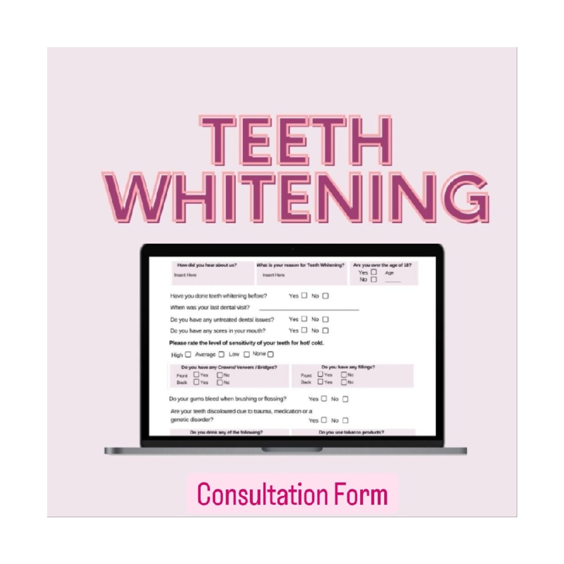 Teeth Whitening Consultation Form, Tooth Intake Forms, Teeth Whitening ...