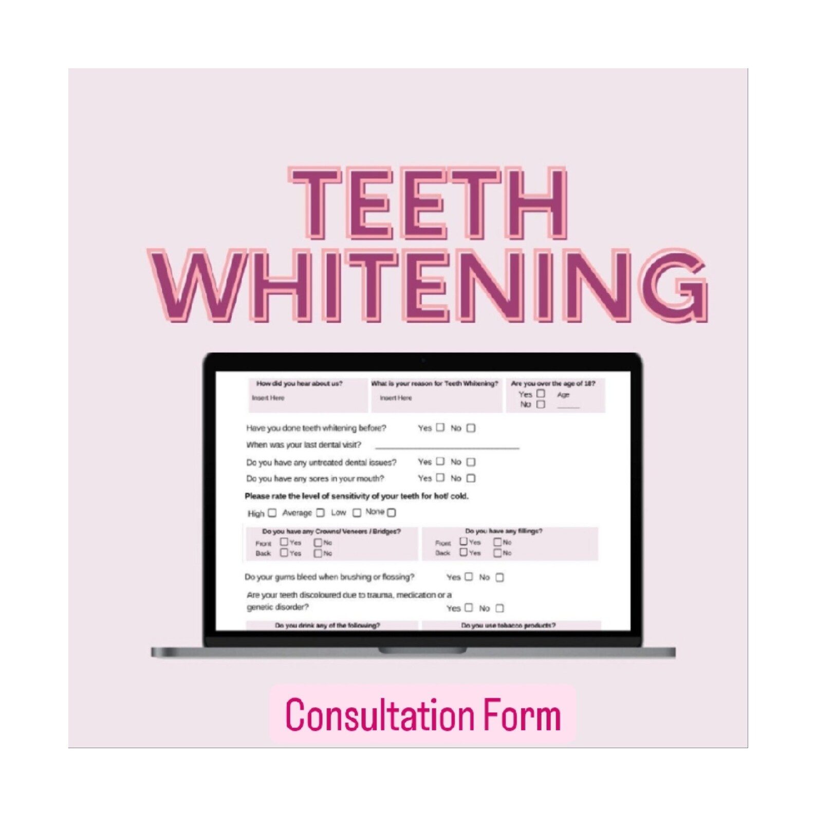 Teeth Whitening Consultation Form, Tooth Intake Forms, Teeth Whitening ...