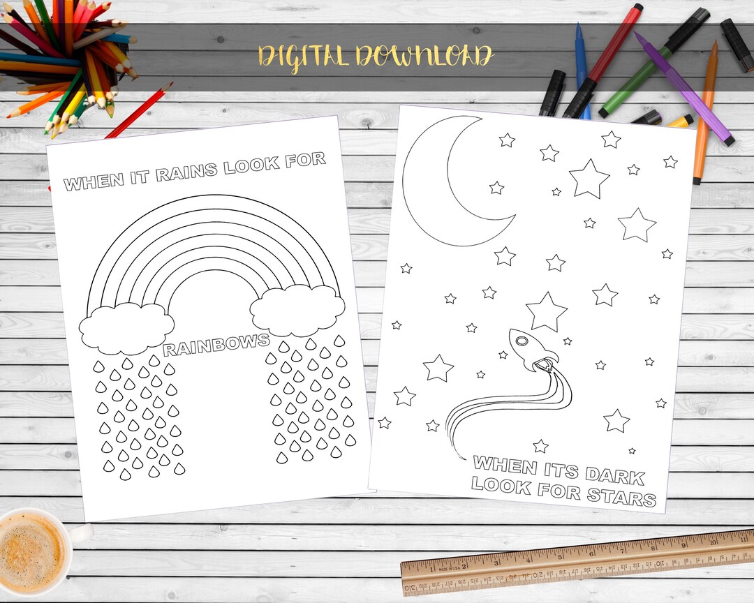 Rainbow Colouring Pages, When It Rains Look for Rainbows, Digital ...