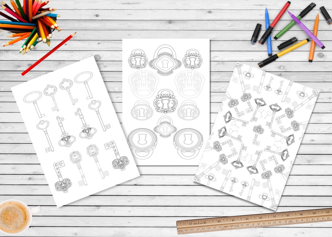 Hand Drawn Antique Lock and Key Colouring Pages, Set of 3, Printable ...