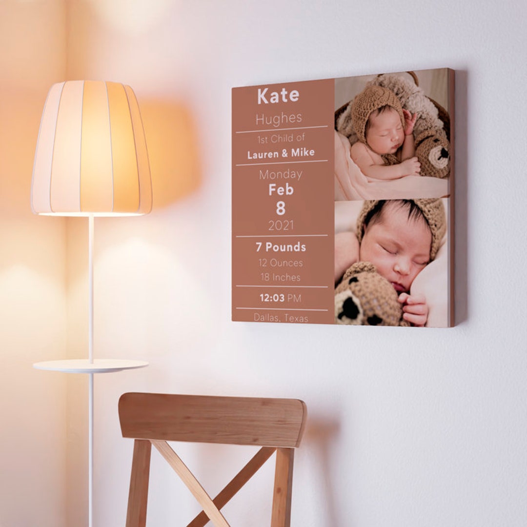 BABY PHOTO PRINT, Baby Birth Wall Art, Wooden Frame Canvas Brown Design ...