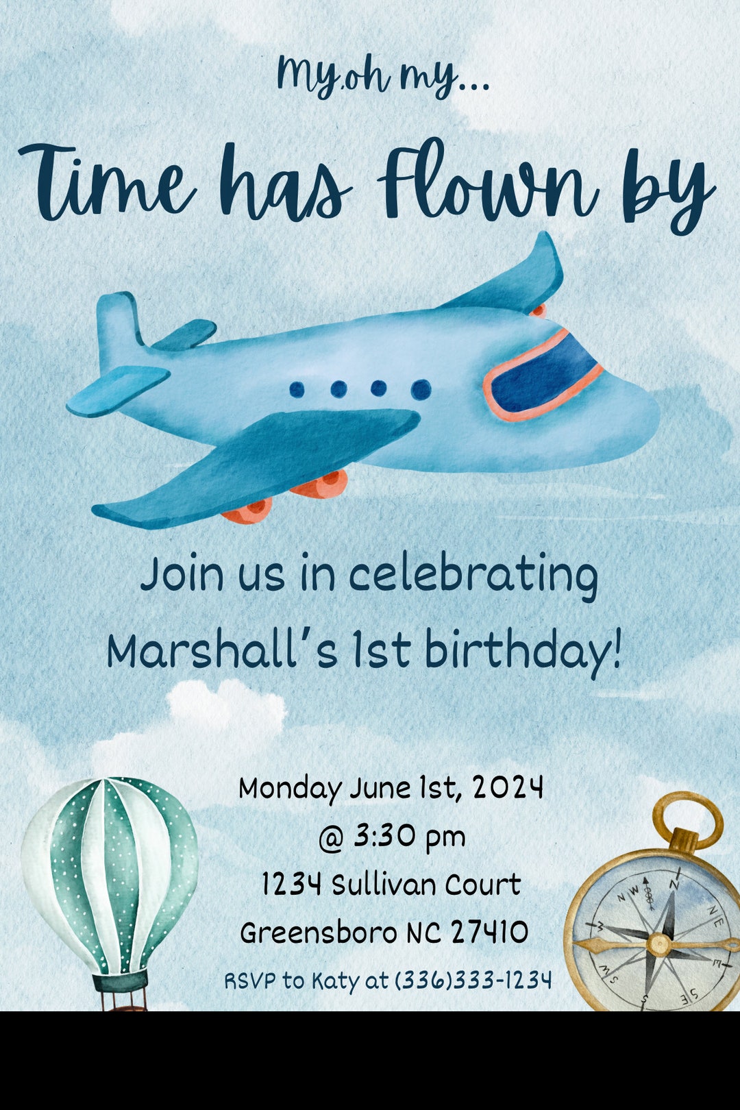 First Birthday Party Invitation Airplane Themed Invitation - Etsy