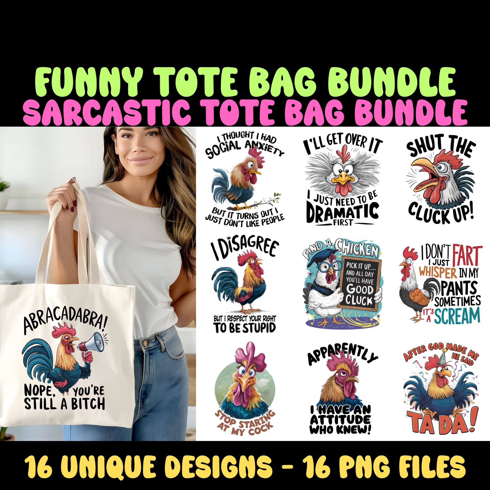 Funny Sarcastic Tote Bag PNG Bundle: 16 Unique Designs (digital ...