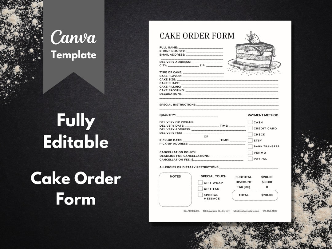 Cake Order Form Template | Order Form Template Canva | Bakery Order ...