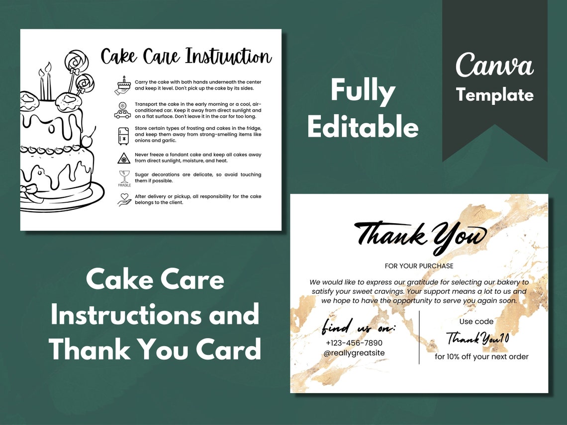 Cake Care Instructions and Thank You Cards, Bakery Branding Kit, Bakery ...
