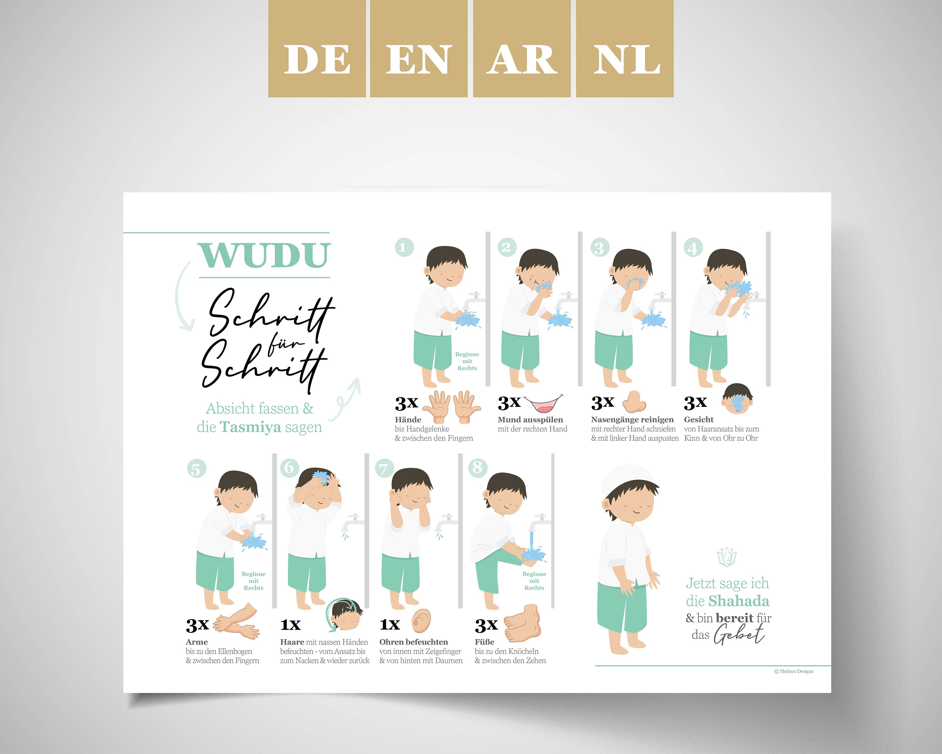 Wudu - A4-Poster - Schritt für Schritt Anleitung zum Erlernen der Gebetswaschung - Wudu abdest ...