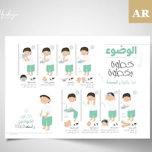 Wudu A4-poster Step for Step Guide to Learn Ablution Wudu Abdest Poster for Kids Green Boys Guys ...