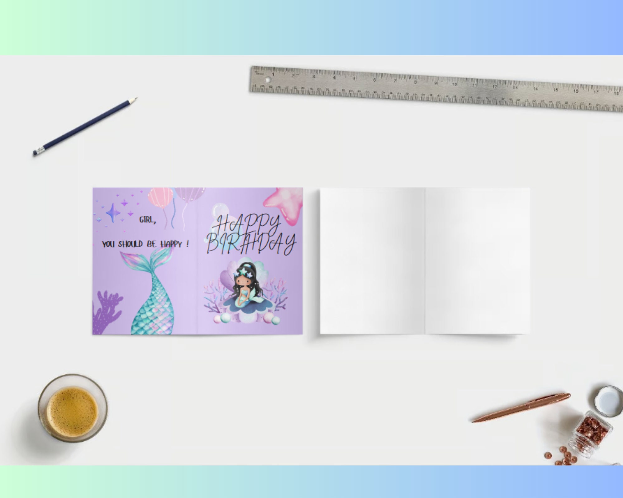 Mermaid Theme Happy Birthday Card Cute Folded Card for Girls Underwater ...