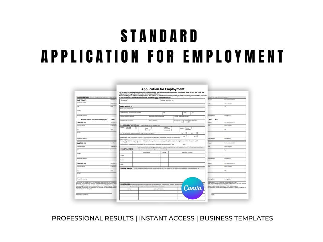 Standard Application for Employment Template | Editable | PDF and Canva ...