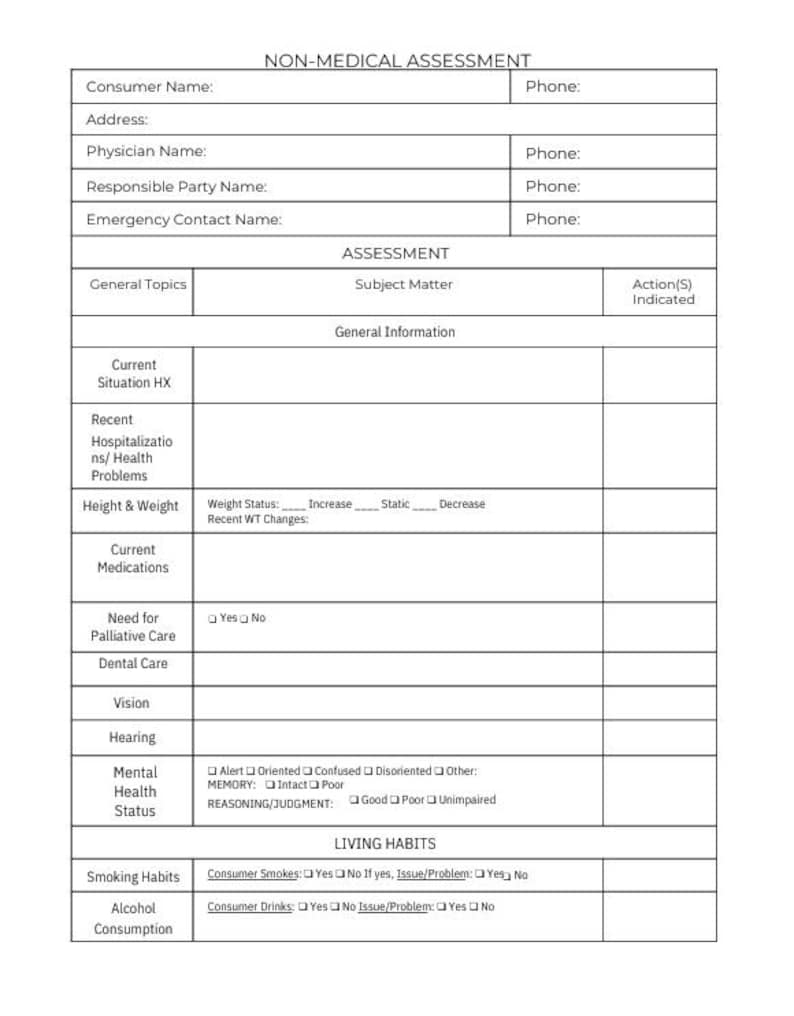 Home Care Client Intake & Assessment Form: Non-medical (PDF Template ...