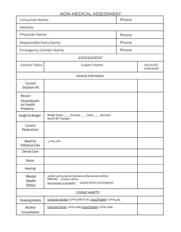 Home Care Client Intake & Assessment Form: Non-medical (PDF Template) - Etsy