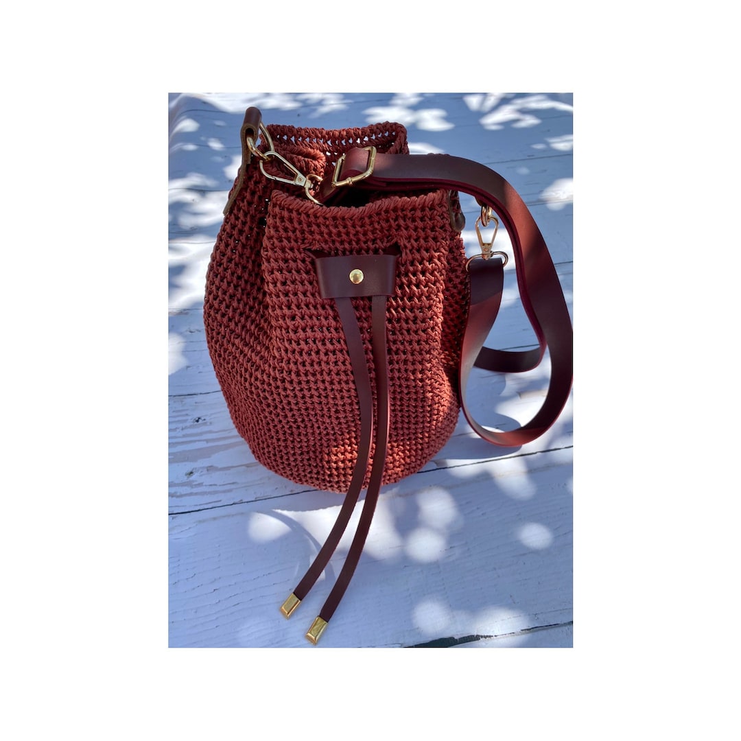 Raffia Bucket Bag, Drawstring Raffia Tote, Shoulder Bag With Leather ...