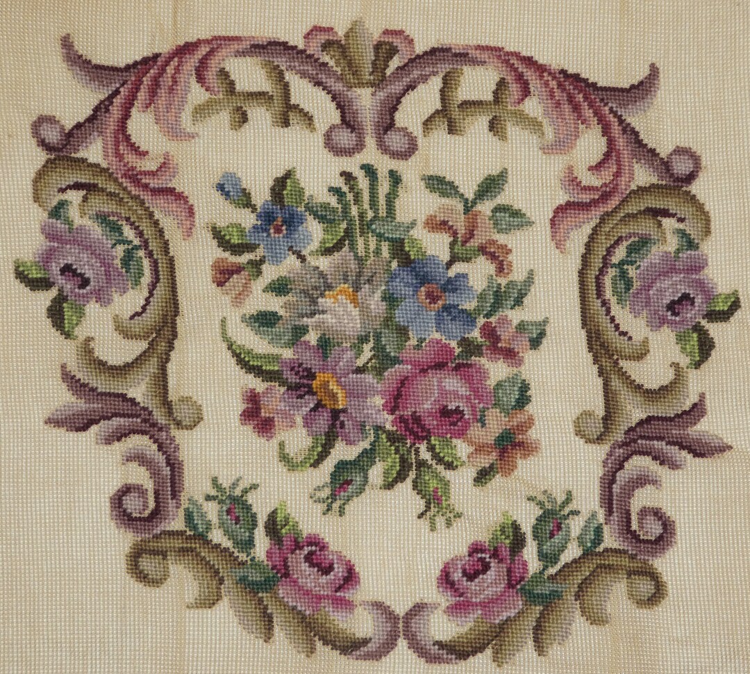 Fully Worked Needlepoint Canvas – Floral Design With Scrolled Border ...