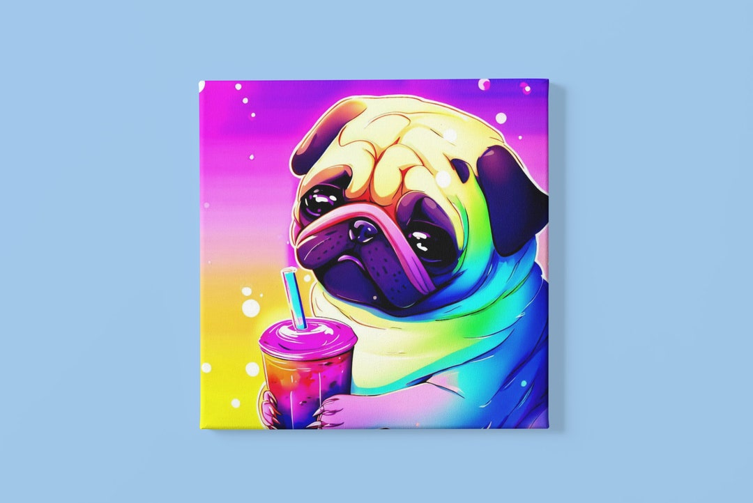 Rainbow Pug With Boba Tea || Canvas Art - Etsy