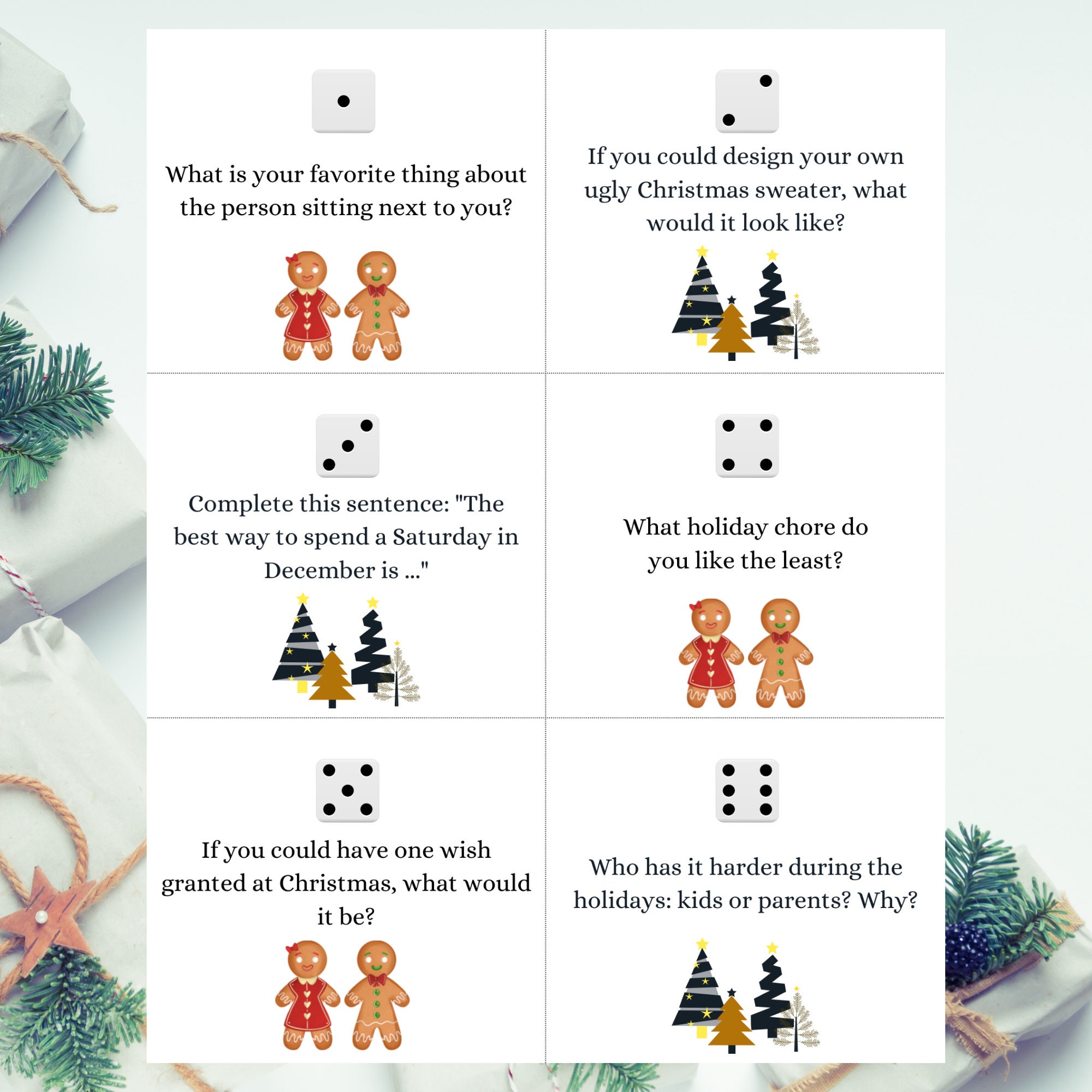 Christmas Dinner Game, Christmas Conversation Starter Cards, Dice Game ...