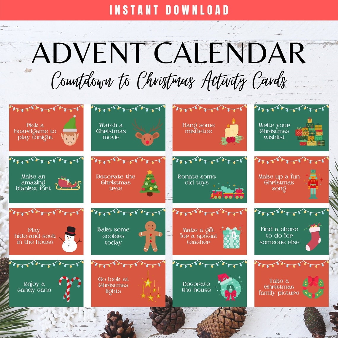 Christmas Advent Calendar Activity Cards, Countdown to Christmas ...