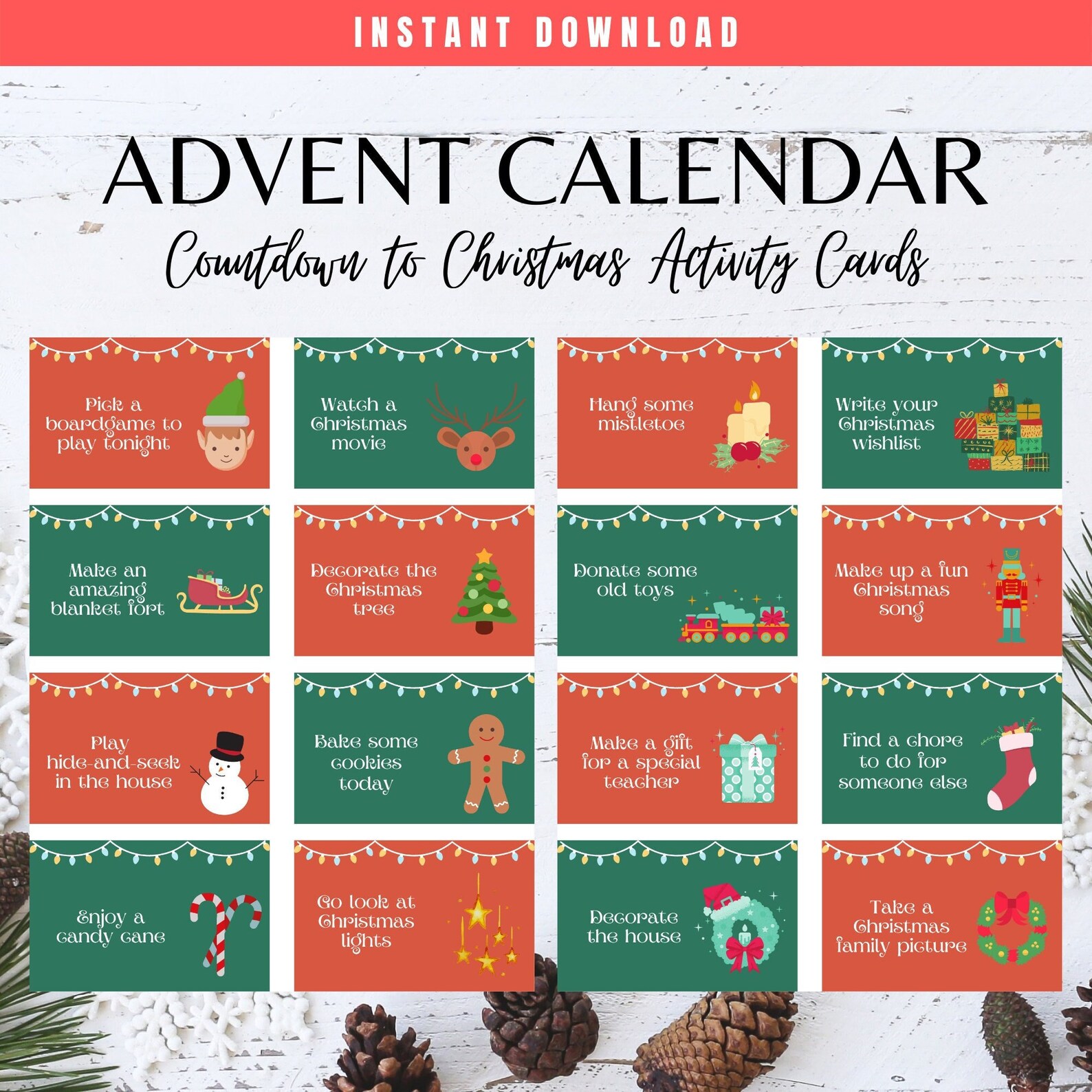 Christmas Advent Calendar Activity Cards, Countdown to Christmas ...