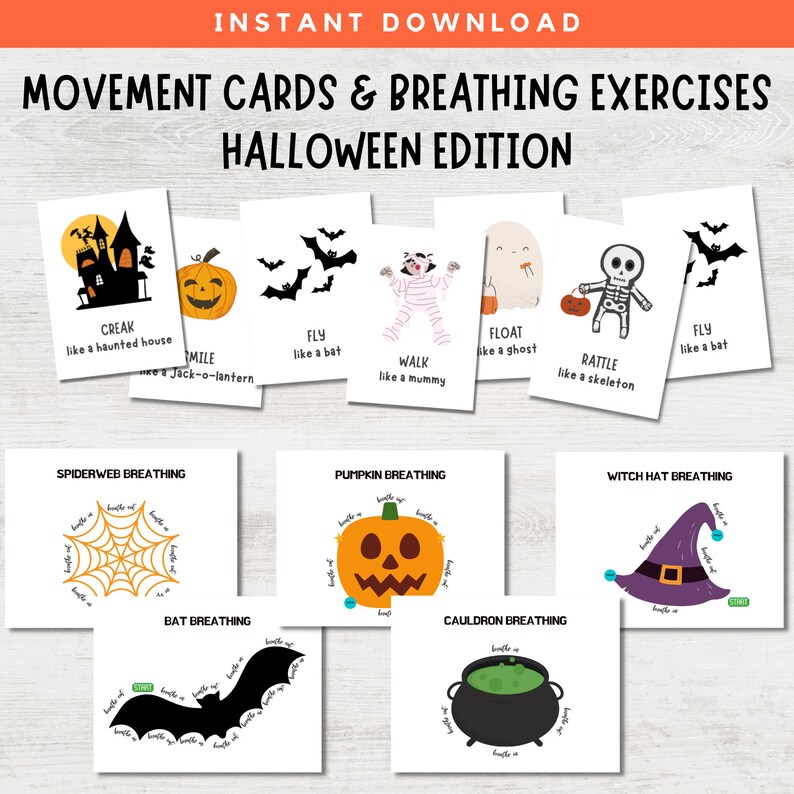 Halloween Movement Cards, Breathing Exercises, Finger Tracing ...