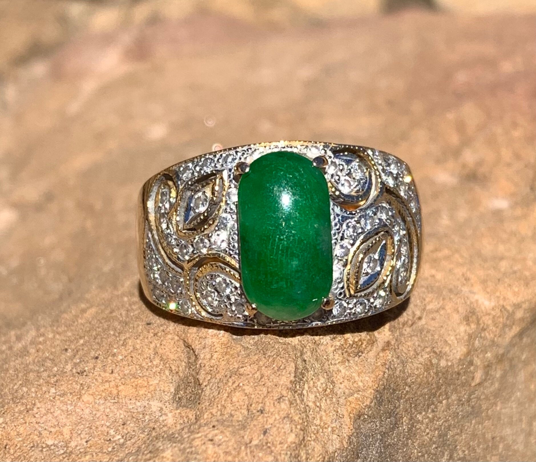 Antique Art Deco 18k Yellow Gold Imperial Jade and Diamond Ring Size 7. ...