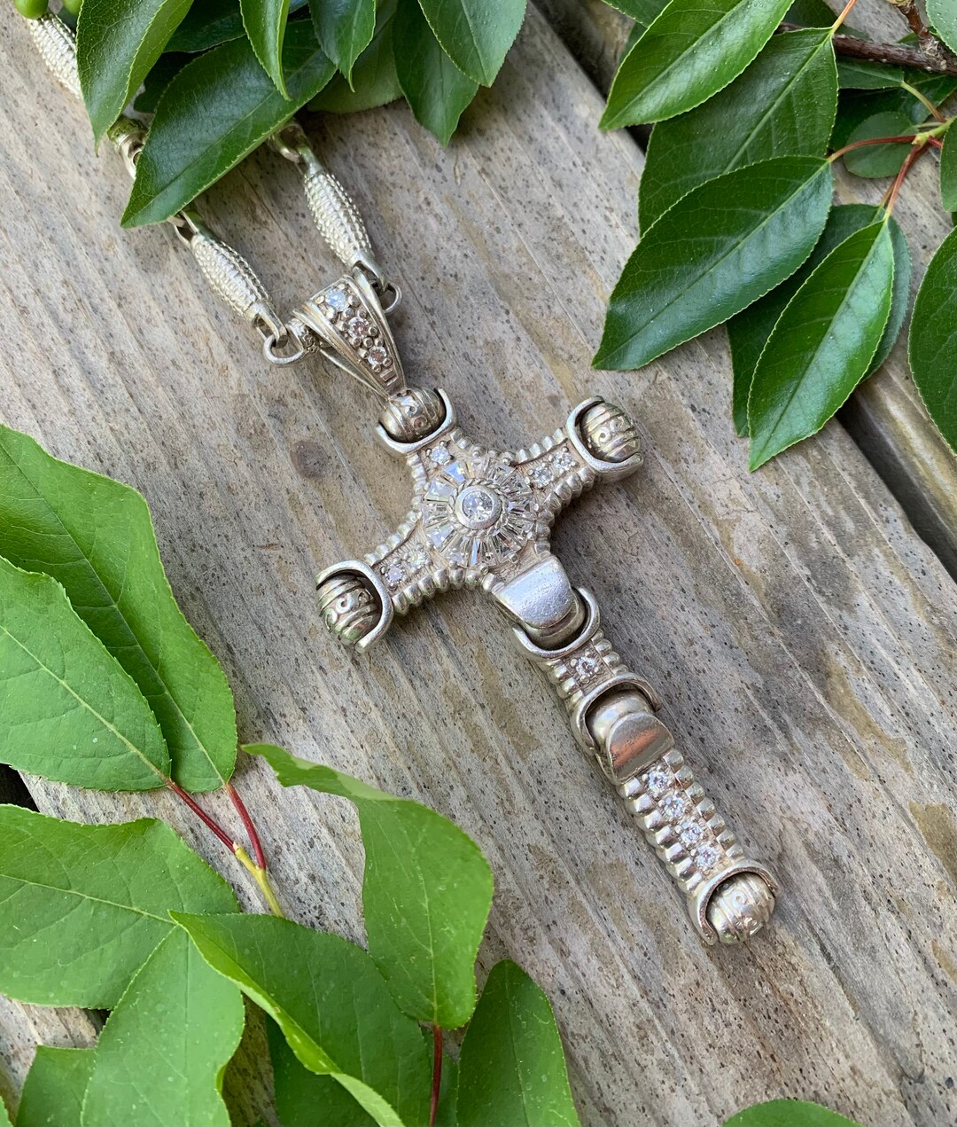 Vintage Heavy Sterling Silver Clear Paste Rhinestone Cross Necklace 28 ...