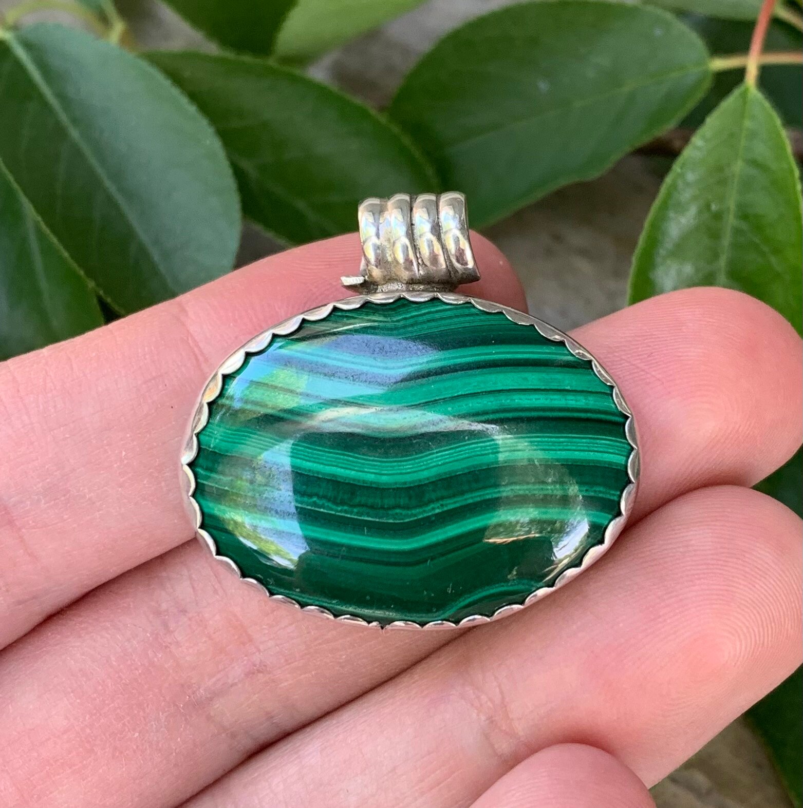 Vintage Native American Navajo Sterling Silver Malachite Oval Pendant ...