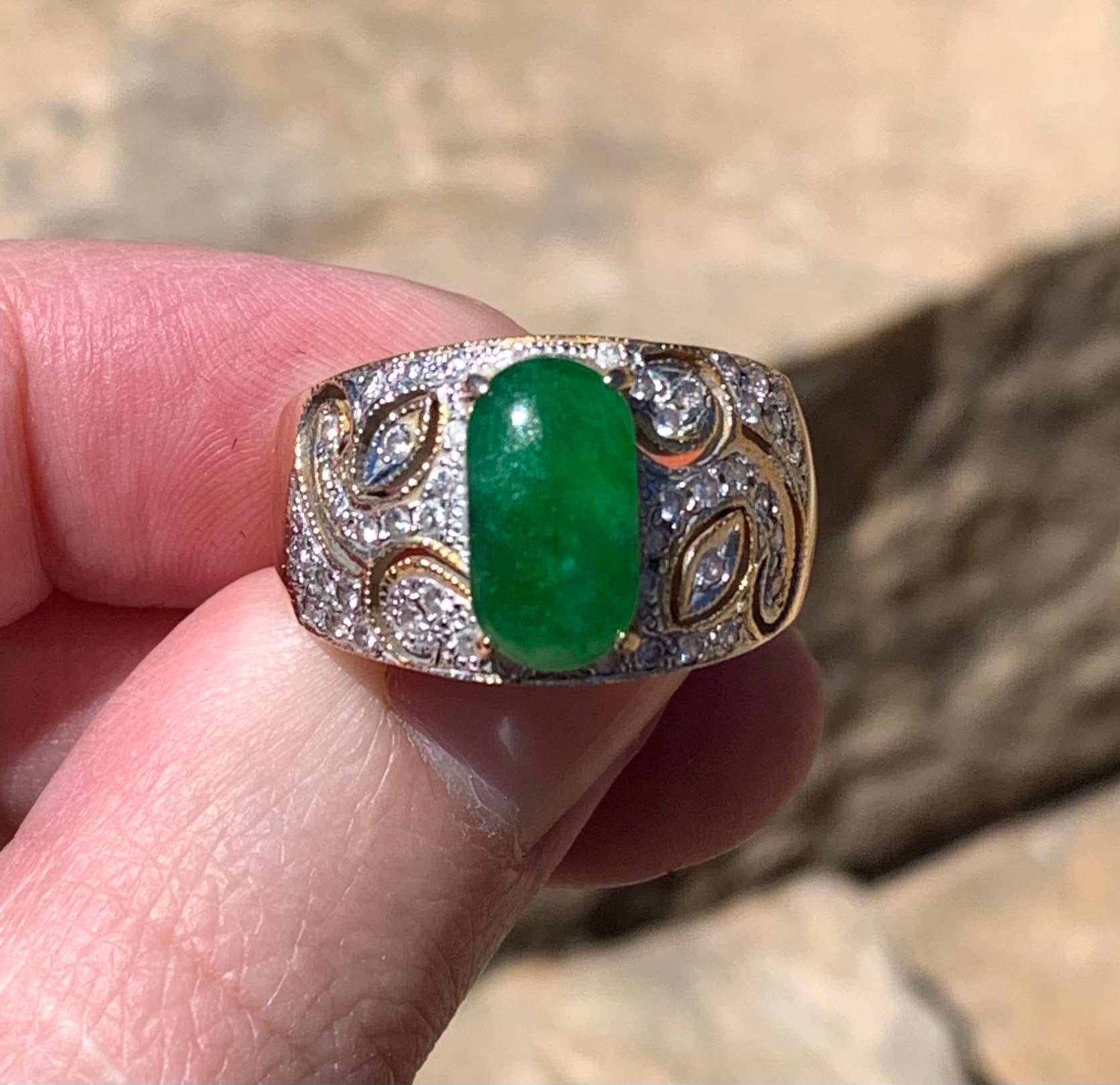 Antique Art Deco 18k Yellow Gold Imperial Jade and Diamond Ring Size 7. ...