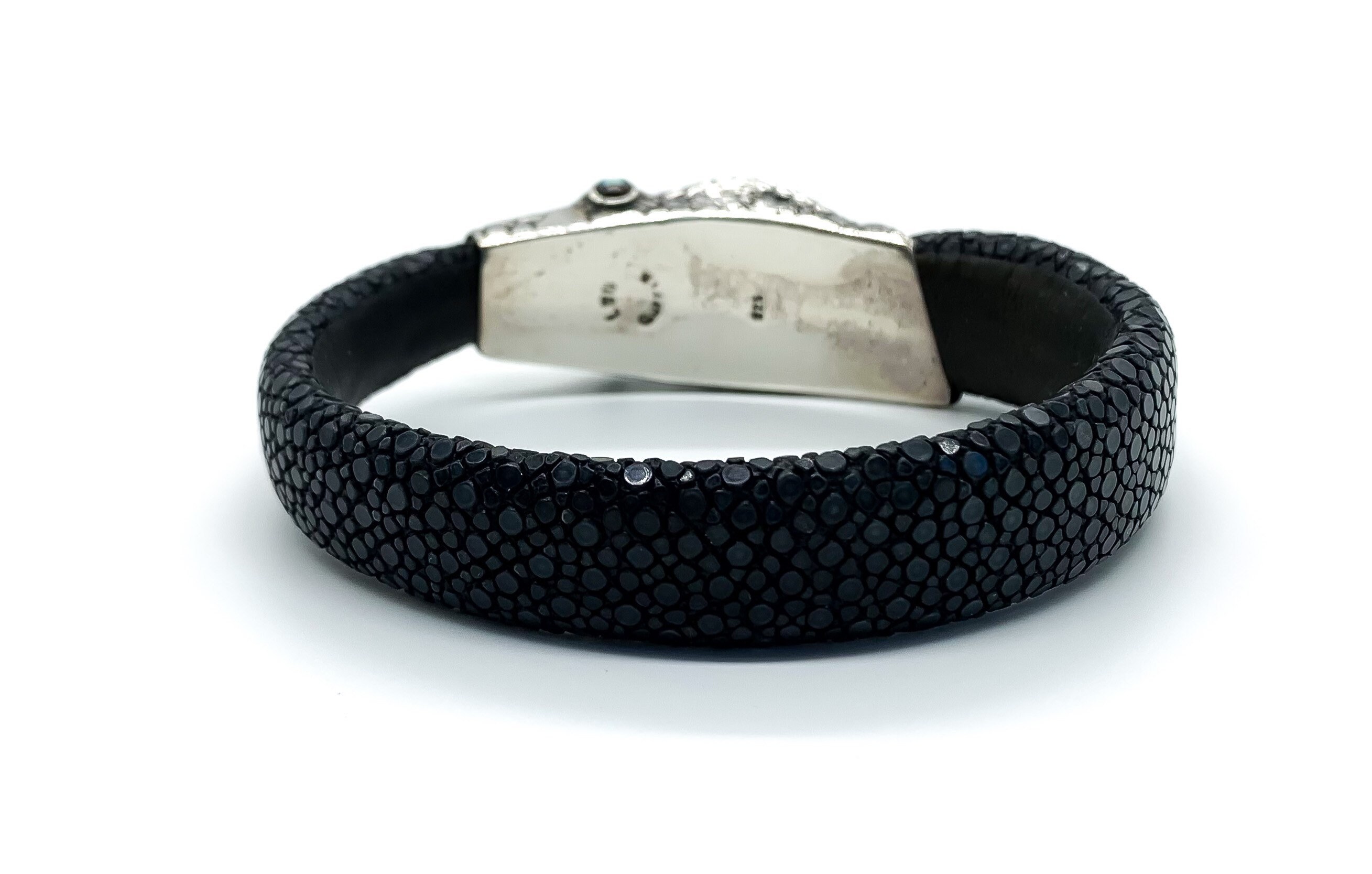 Vintage Sterling Silver Black Stingray Leather Snake Bangle Bracelet 7. ...