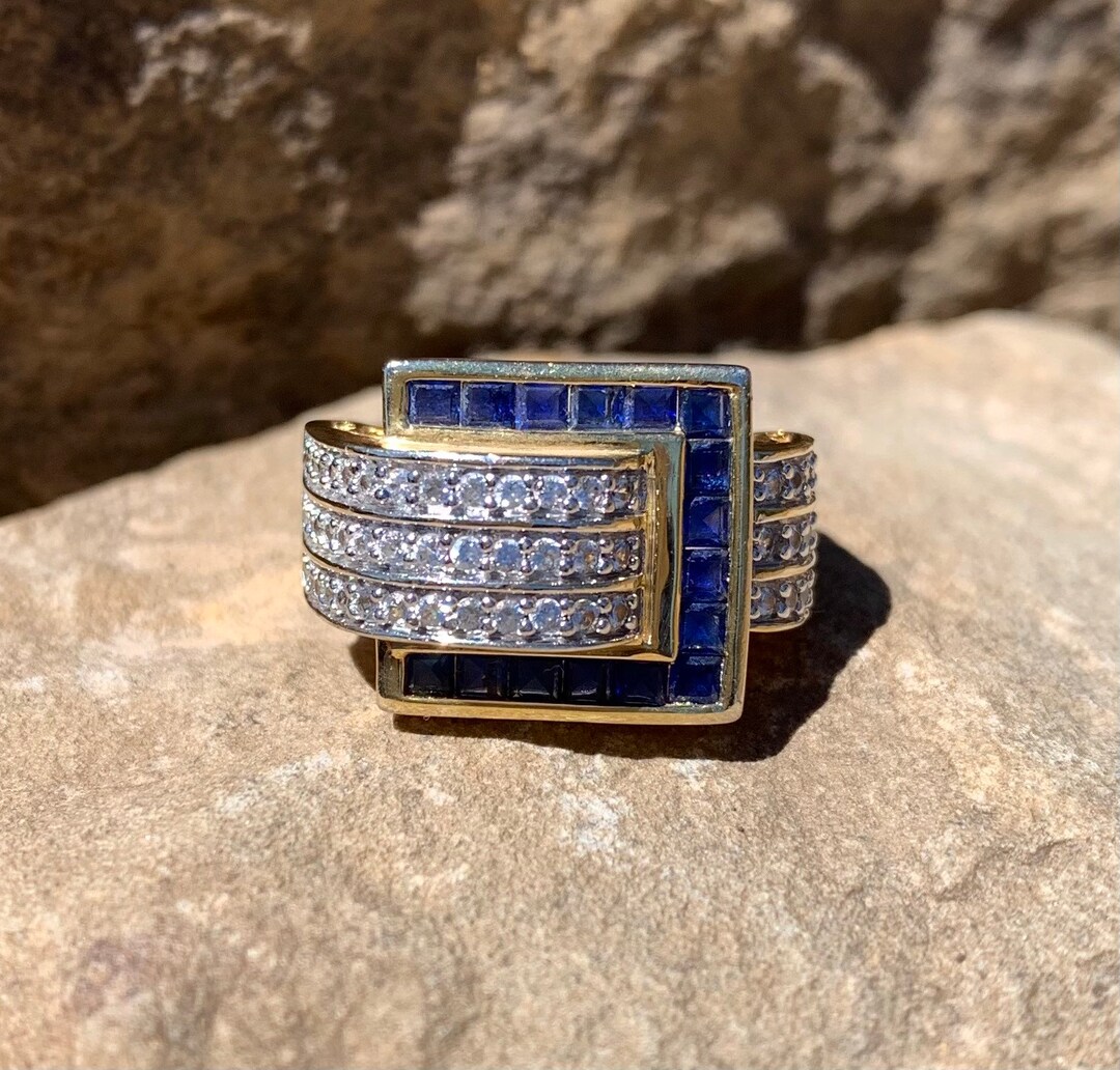 Vintage Deco Style 14k Gold Sterling Silver Sapphire White Topaz Buckle ...