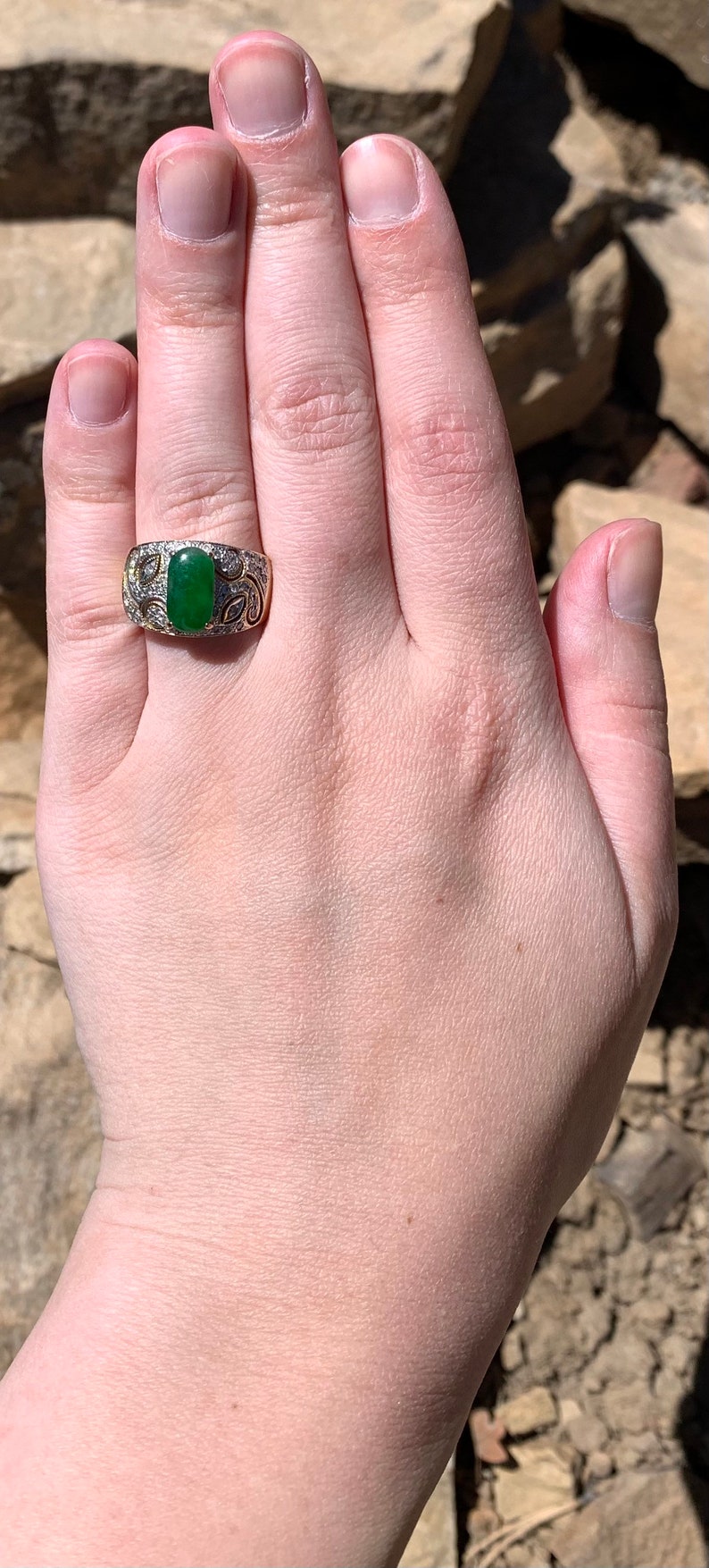 Antique Art Deco 18k Yellow Gold Imperial Jade and Diamond Ring Size 7. ...