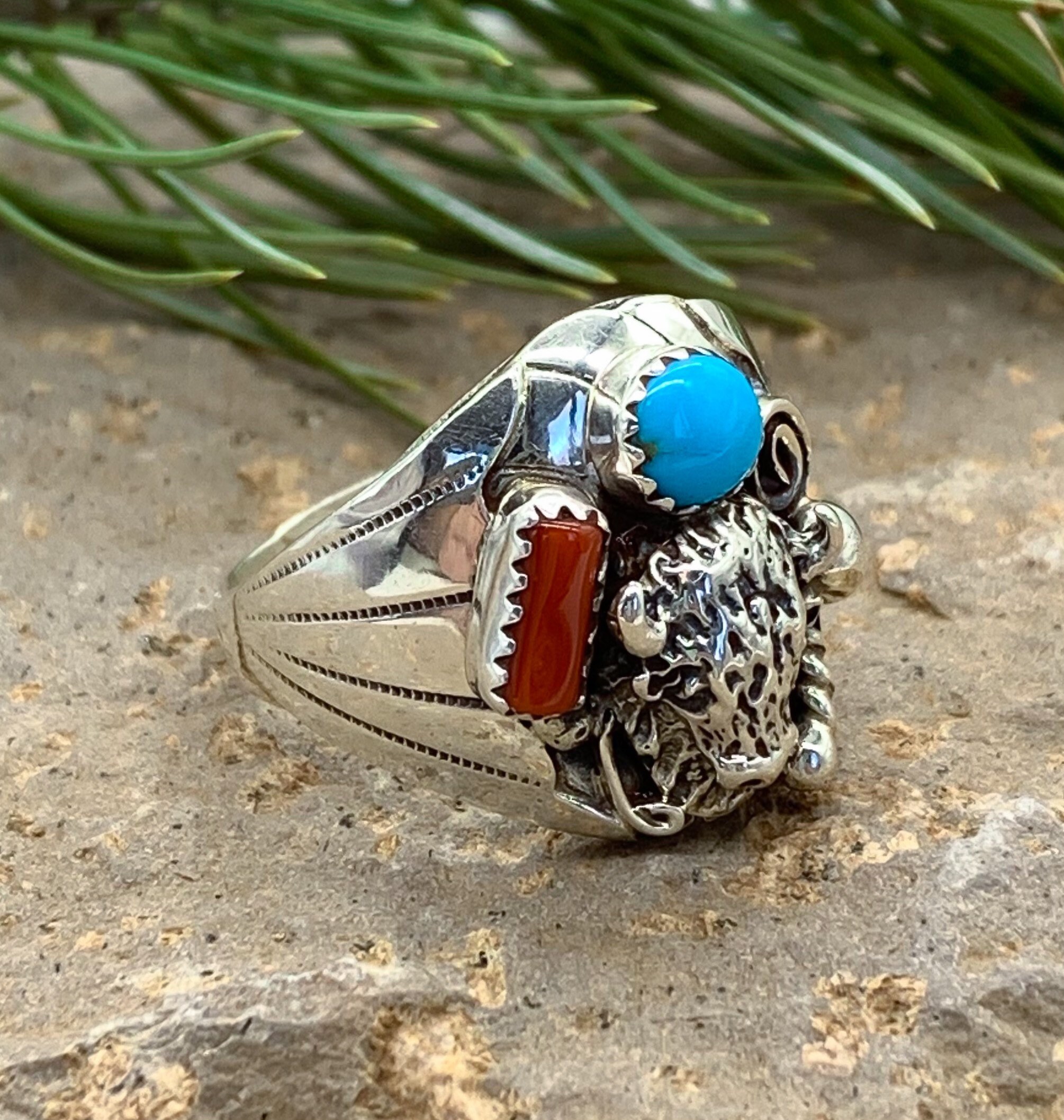 Vintage Native American Navajo Heavy Sterling Silver Buffalo Turquoise ...