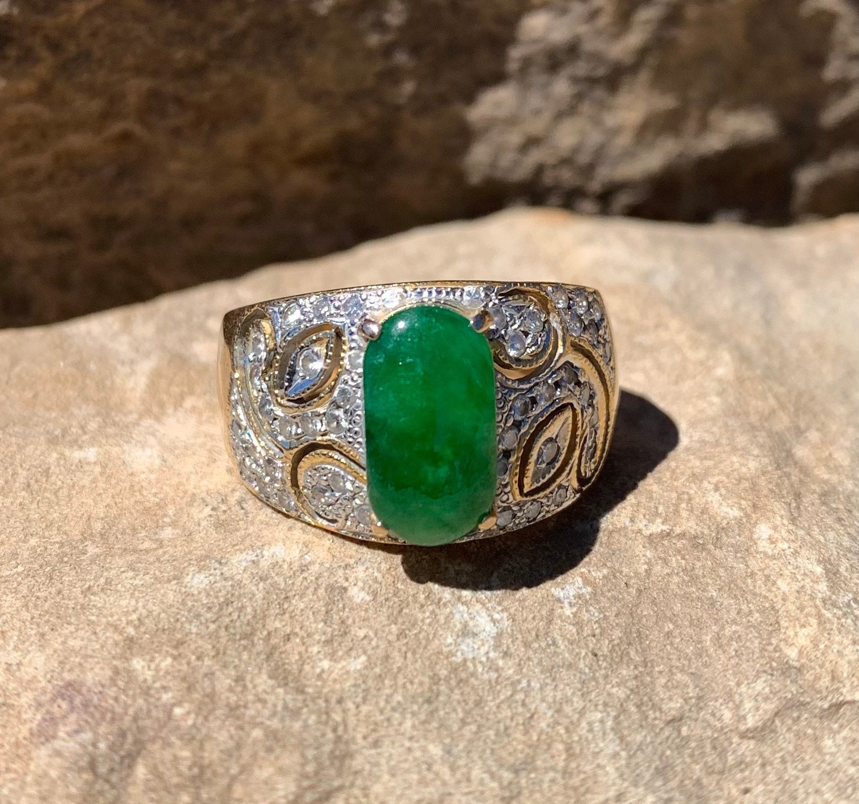Antique Art Deco 18k Yellow Gold Imperial Jade and Diamond Ring Size 7. ...
