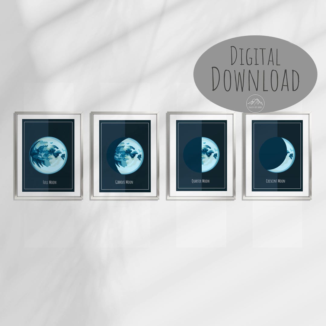 4 Moon Phases Crescent, Half, Gibbous, Full Moons Outer Space Digital ...