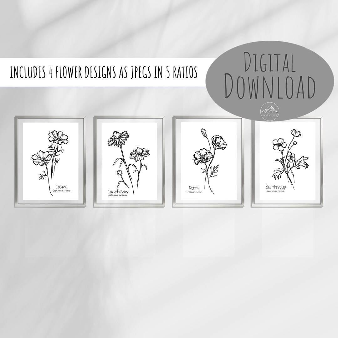 4 Flower Bundle Line Wall Art Coloring Page || DIGITAL DOWNLOAD ...
