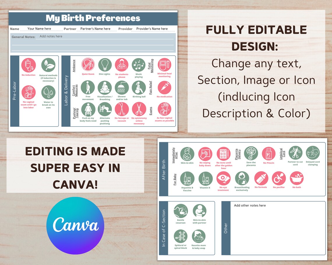 Visual Birth Plan/ Natural Birth Plan/ Birth Preference/ Birth Plan ...
