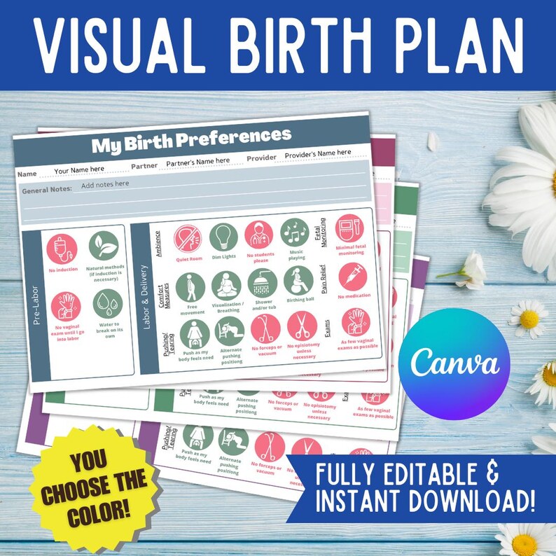 Visual Birth Plan/ Natural Birth Plan/ Birth Preference/ Birth Plan ...