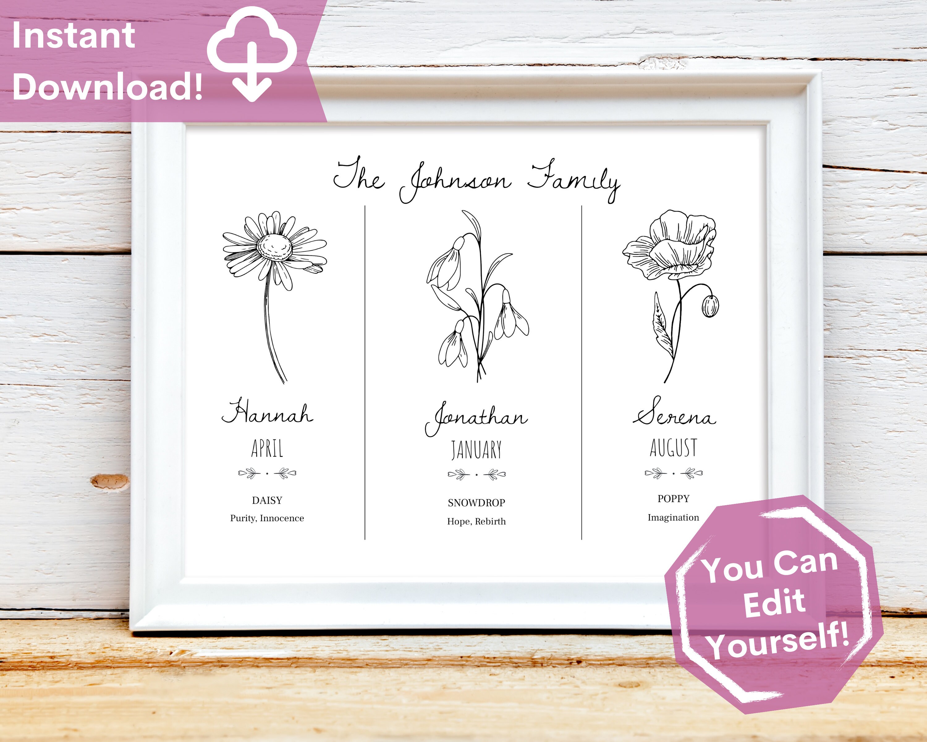 3 Birth Flower Print B&W / Personalized Printable Birth Flower / Birth ...