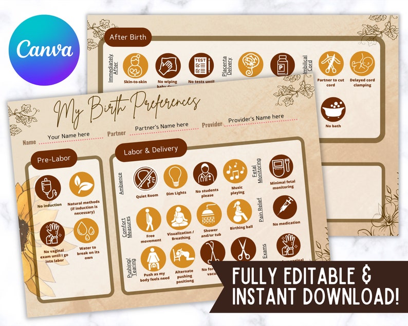 Visual Birth Plan/ Natural Birth Plan/ Birth Preference/ Birth - Etsy