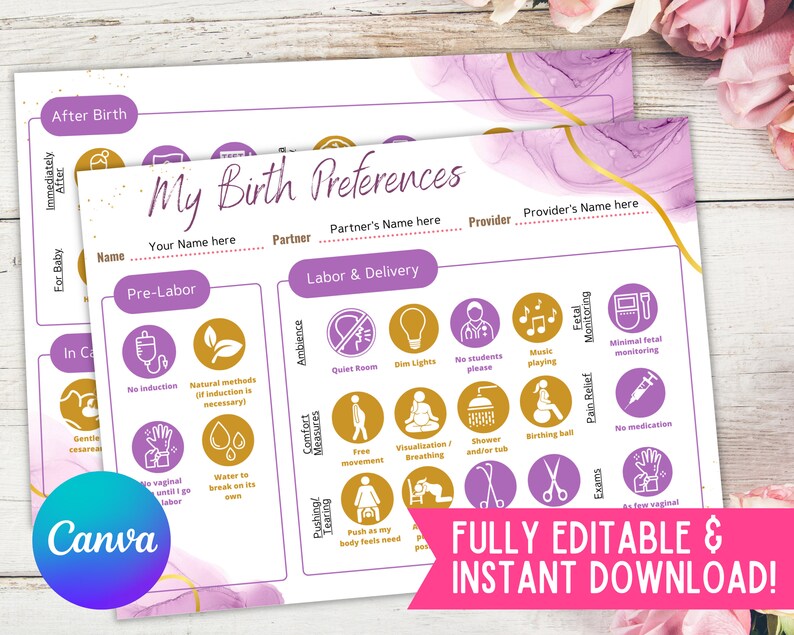 Visual Birth Plan/ Natural Birth Plan/ Birth Preference/ Birth Plan ...