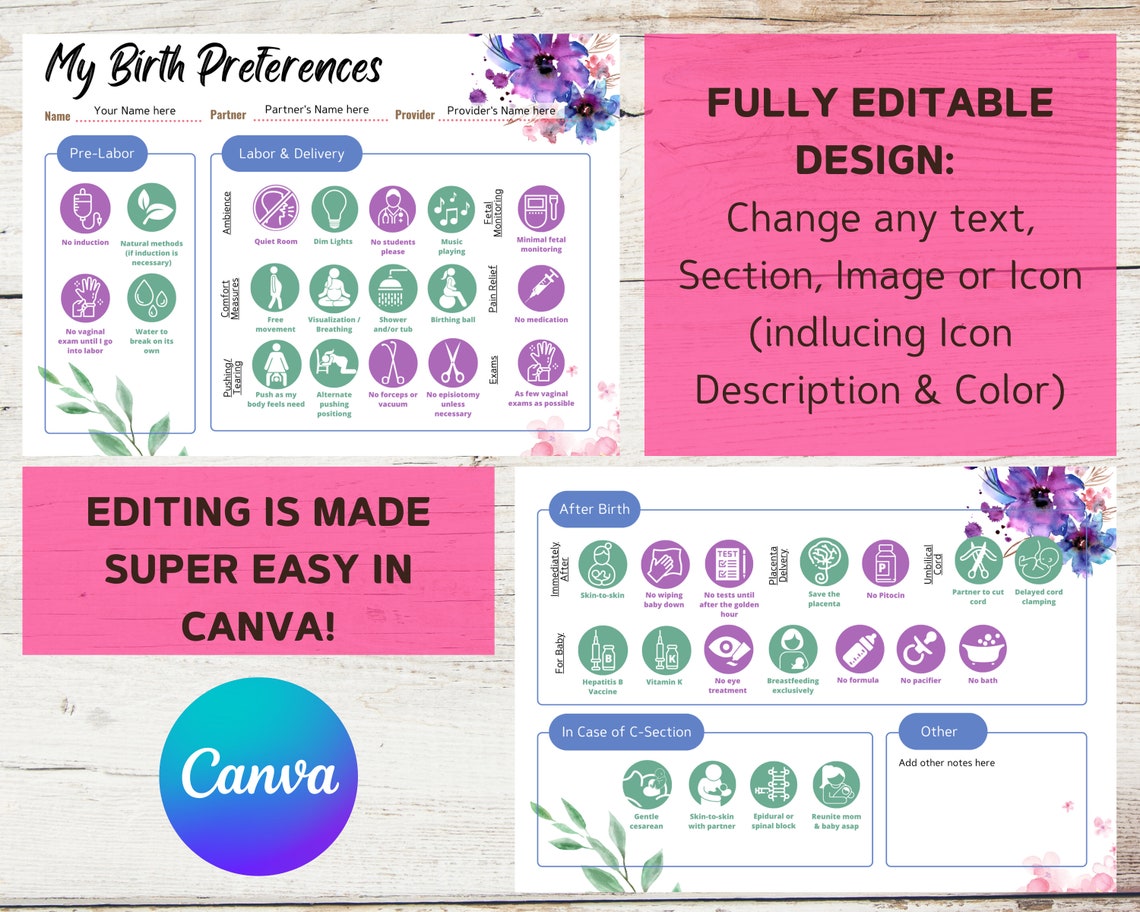 Visual Birth Plan/ Natural Birth Plan/ Birth Preference/ Birth Plan ...
