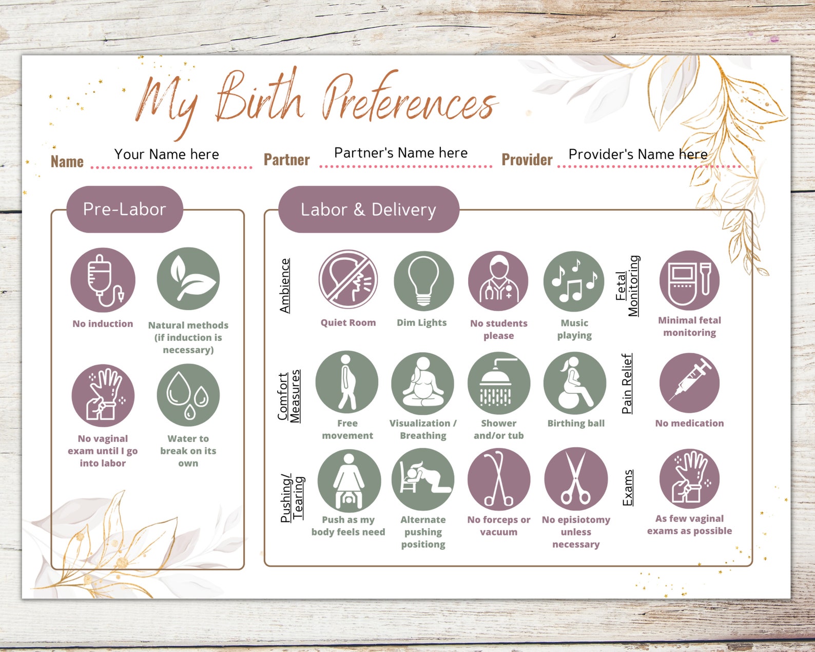 Visual Birth Plan/ Natural Birth Plan/ Birth Preference/ Birth Plan ...