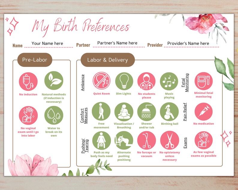 Visual Birth Plan/ Natural Birth Plan/ Birth Preference/ Birth Plan ...