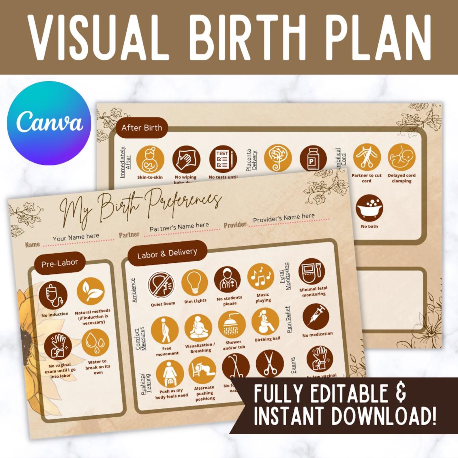 Visual Birth Plan/ Natural Birth Plan/ Birth Preference/ Birth Plan ...
