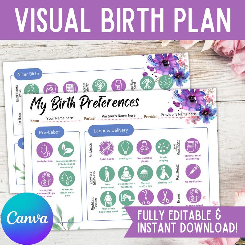 Visual Birth Plan/ Natural Birth Plan/ Birth Preference/ Birth Plan ...