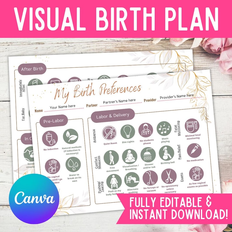 Visual Birth Plan/ Natural Birth Plan/ Birth Preference/ Birth Plan ...