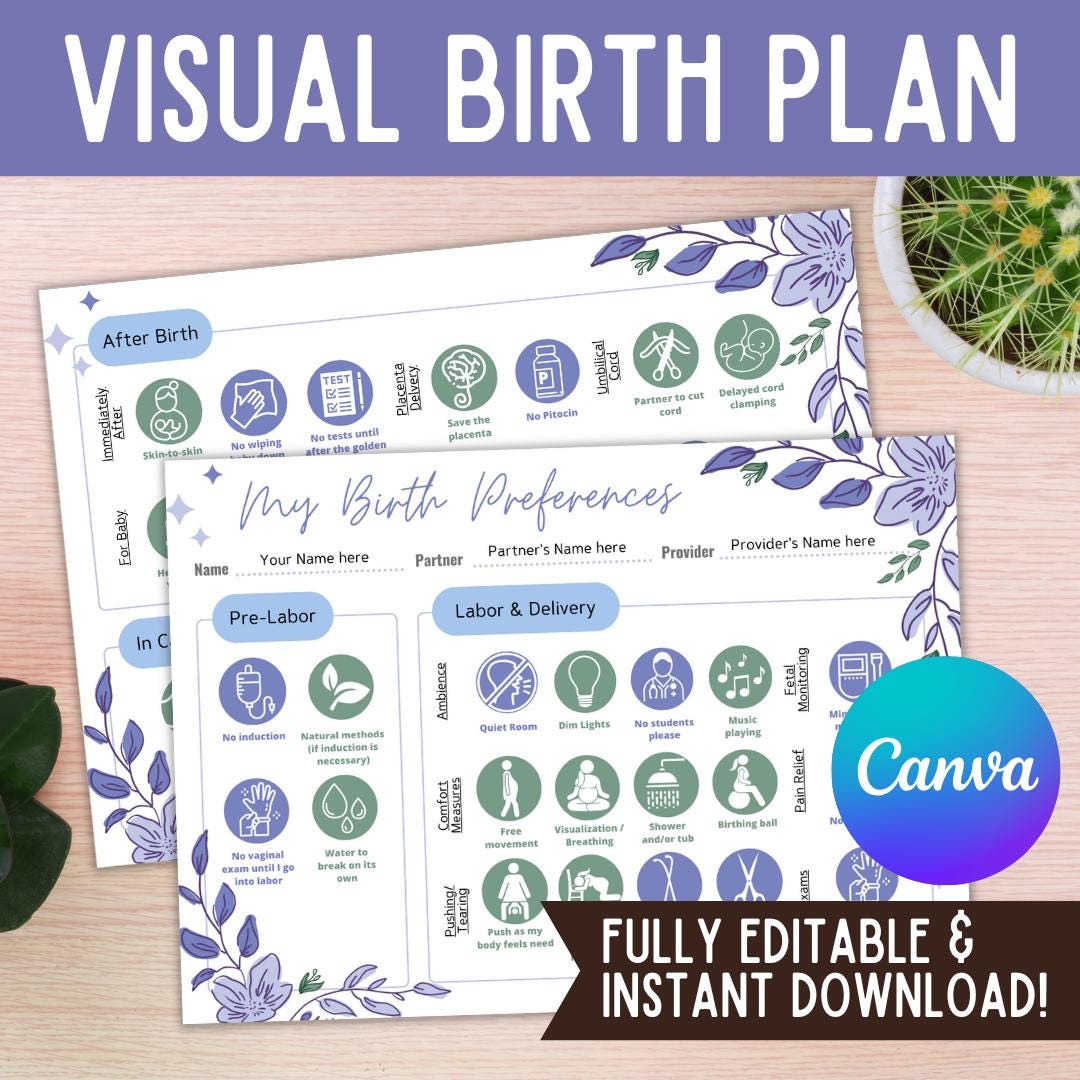 Visual Birth Plan/ Natural Birth Plan/ Birth Preference/ Birth Plan ...