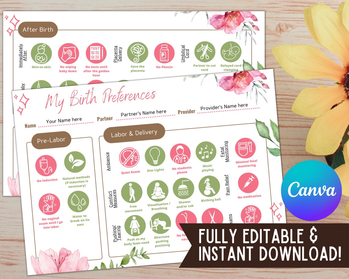 Visual Birth Plan/ Natural Birth Plan/ Birth Preference/ Birth Plan ...