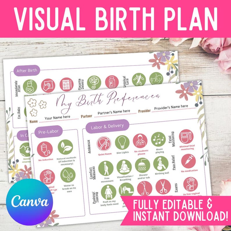 Visual Birth Plan/ Natural Birth Plan/ Birth Preference/ Birth Plan ...