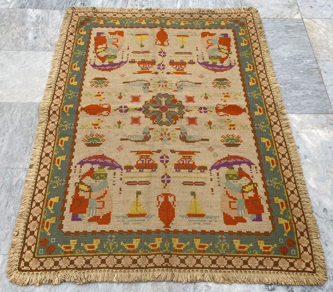 4x3 Feet,antique Aubusson Rug,needlepoint Rug,pictorial Rug,hand Made ...